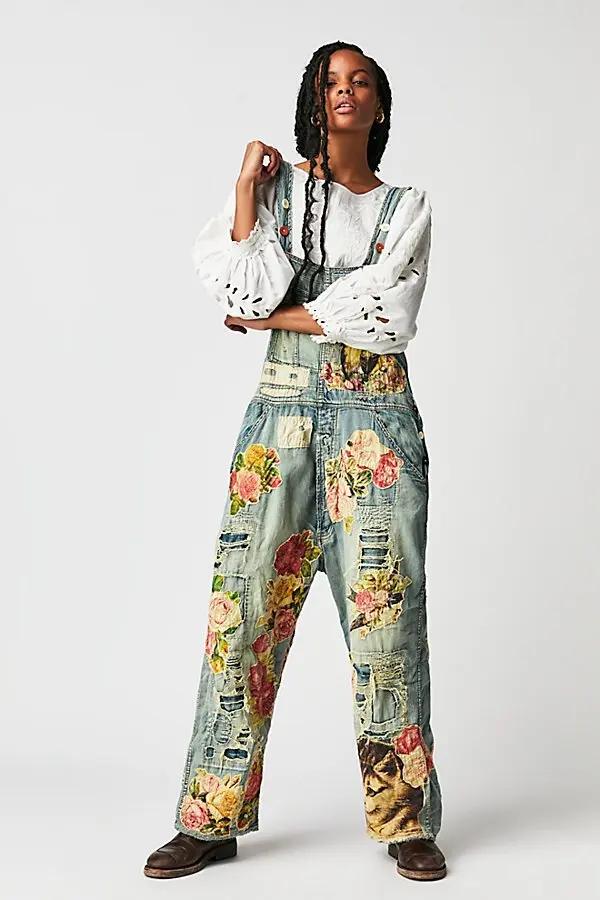 Magnolia Pearl Rose Embroidered Overalls - Washed Denim | Editorialist